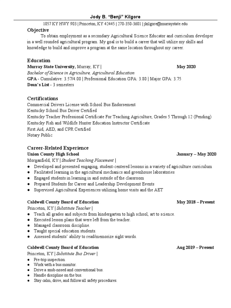 Benji Kilgore Resume 2 | PDF | Teachers | Behavior Modification