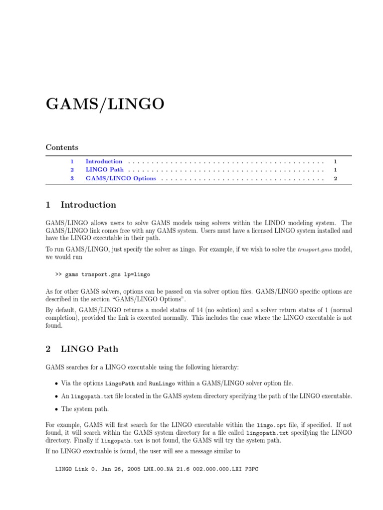 1 2 Lingo Path 3 GAMS/LINGO Options | PDF | Text File | Computer File