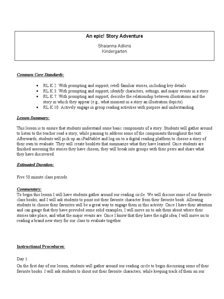 An Epic! Story Adventure: Common Core Standards | PDF | Applied ...