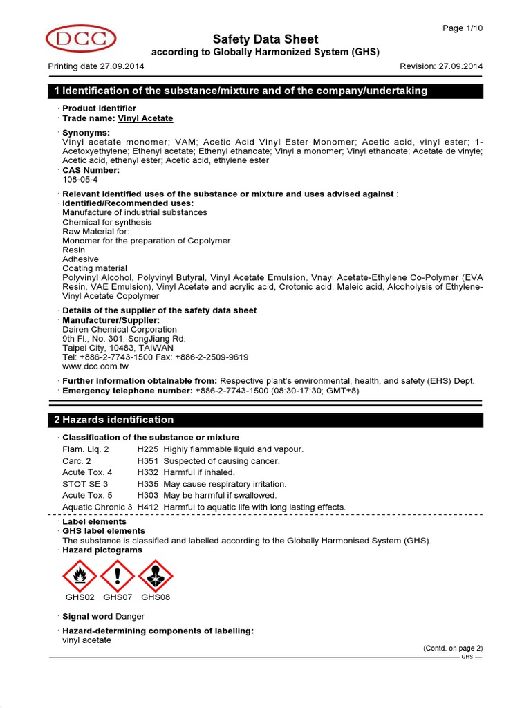Vinyl Polyacetate Safety Sheet | PDF | Dangerous Goods | Toxicity