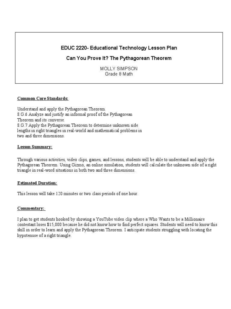 Pythagorean Theorem Lesson Plan for 8th Grade | PDF | Triangle | Cognition