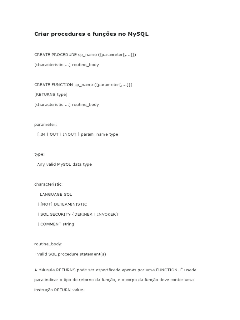 Criar Procedures e Funções No MySQL | PDF | SQL | Bancos de dados