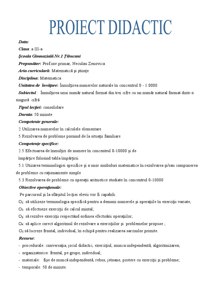 Proiect Didactic Matematica Clasa A Iiia | PDF