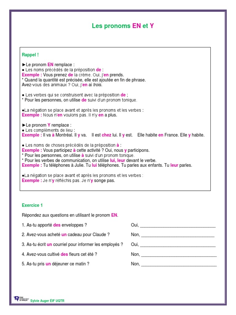 Exercices sur les pronoms EN et Y | PDF | Pronom | Grammaire
