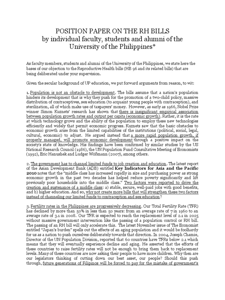 Position Paper On The RH Bills | PDF | Economic Growth | Total ...
