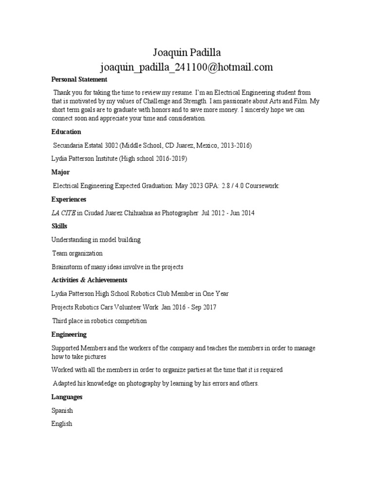 Electrical Engineering Student Profile | PDF | Career & Growth