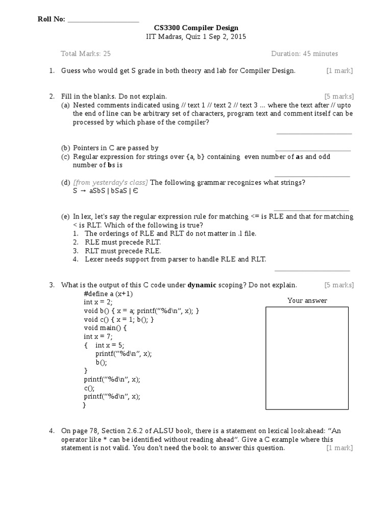 Roll No Cs3300 Compiler Design From Yesterdays Class Pdf Regular Expression Notation 8051