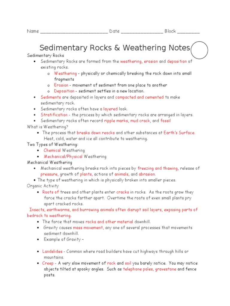 Sedimentary Rocks & Weathering Notes: Name - Date - Block | PDF ...