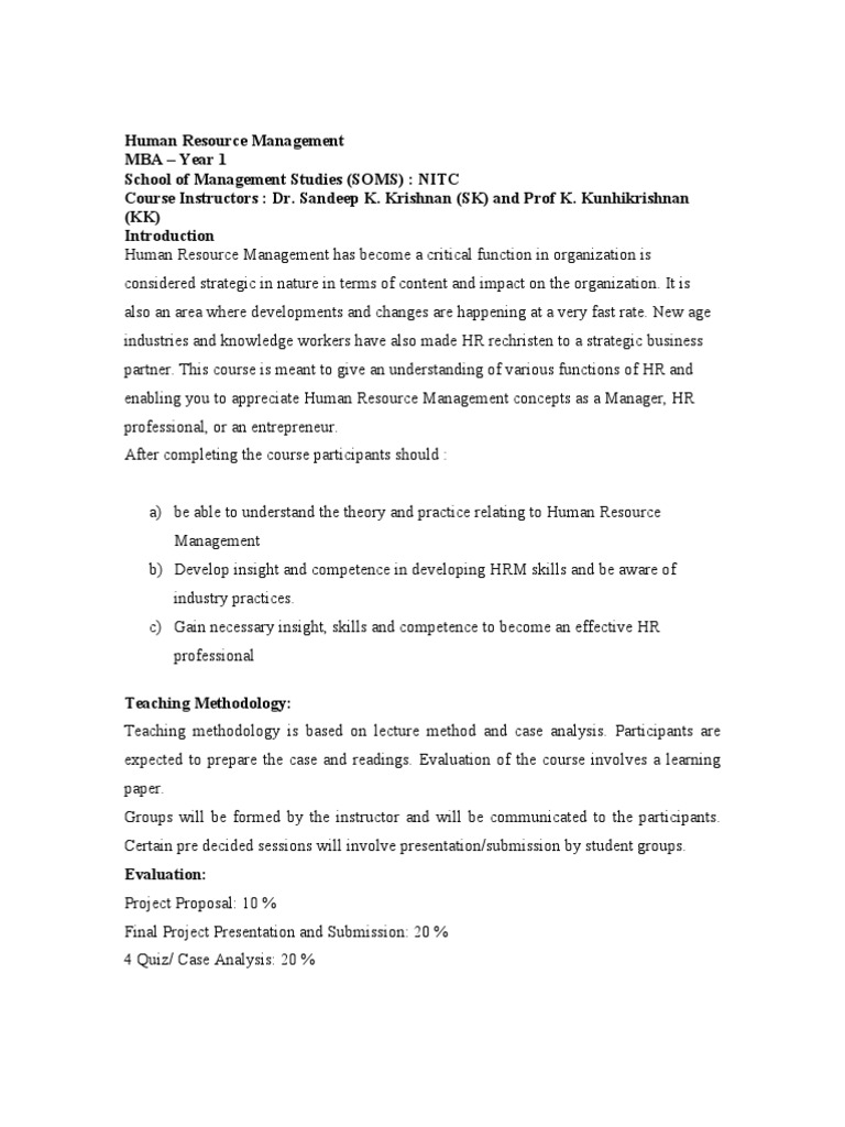 SOMS - Human Resource Management - Course Outline | PDF | Human ...