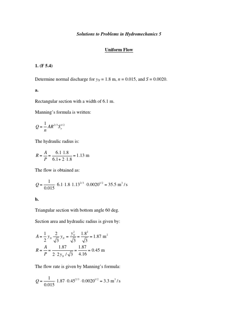 Uniform Flow: Solutions To Problems in Hydromechanics 5 | PDF | Civil Engineering | Mechanics