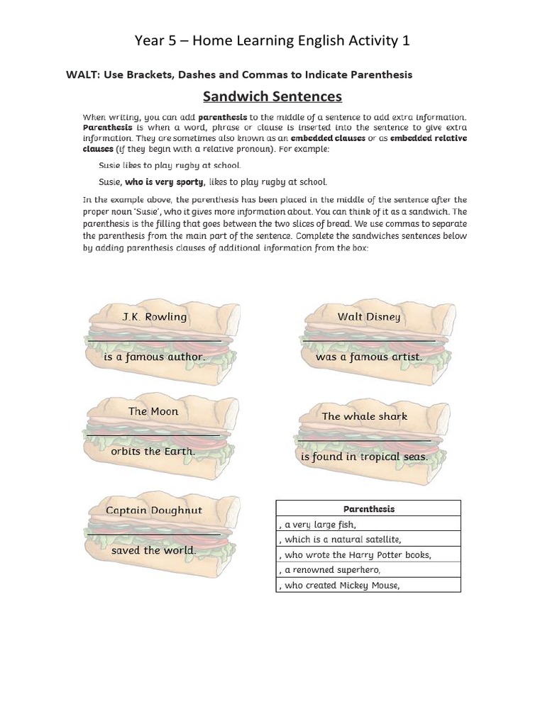 Year 5 - Home Learning English Activity 1: Sandwich Sentences | PDF