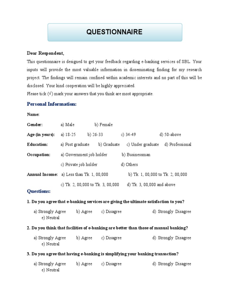 Questionnaire (Challanges and Satisfaction of E-Banking) | PDF | Online ...