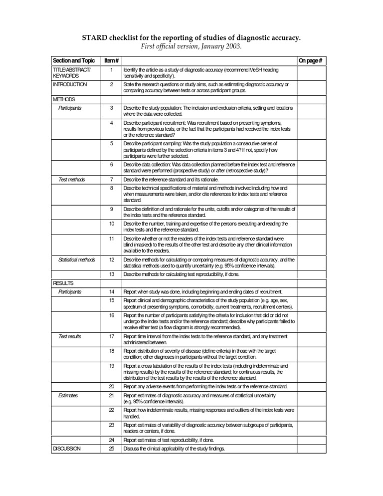 STARD Checklist For The Reporting of Studies of Diagnostic Accuracy | PDF