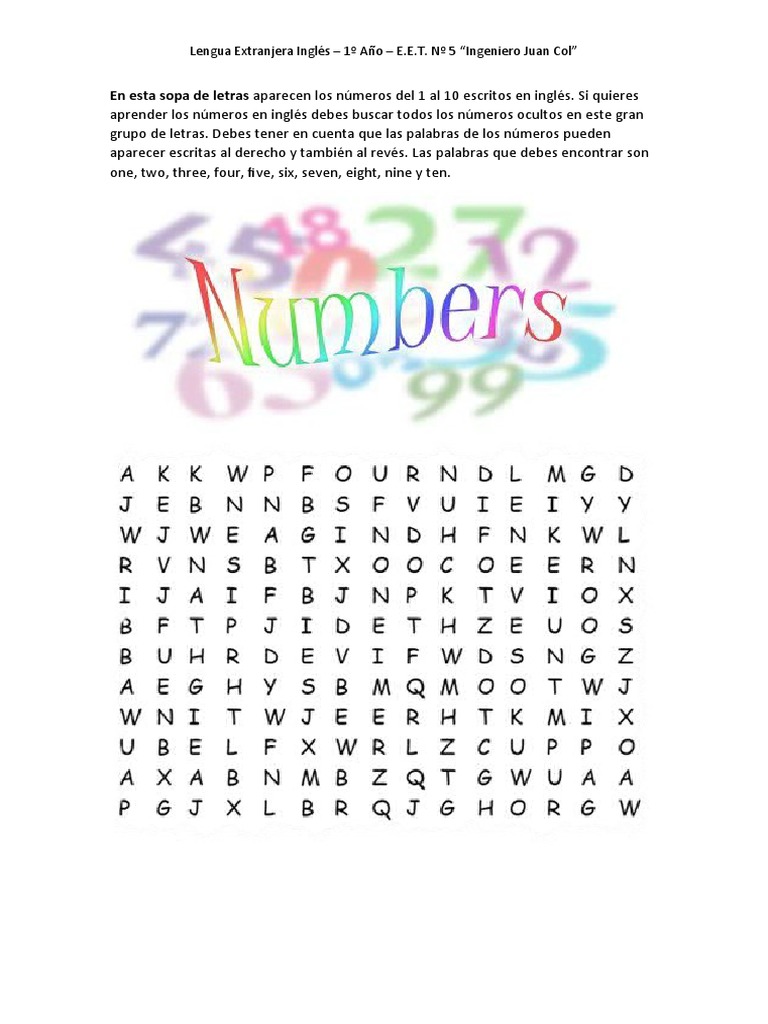 Sopa de letras: números 1 al 10 en inglés | PDF
