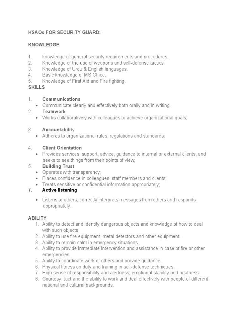 Knowledge Skills Abilities of Security Guard by Me | PDF