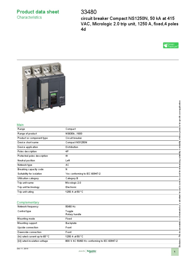 Product Data Sheet: Circuit Breaker Compact NS1250N, 50 Ka at 415 VAC ...