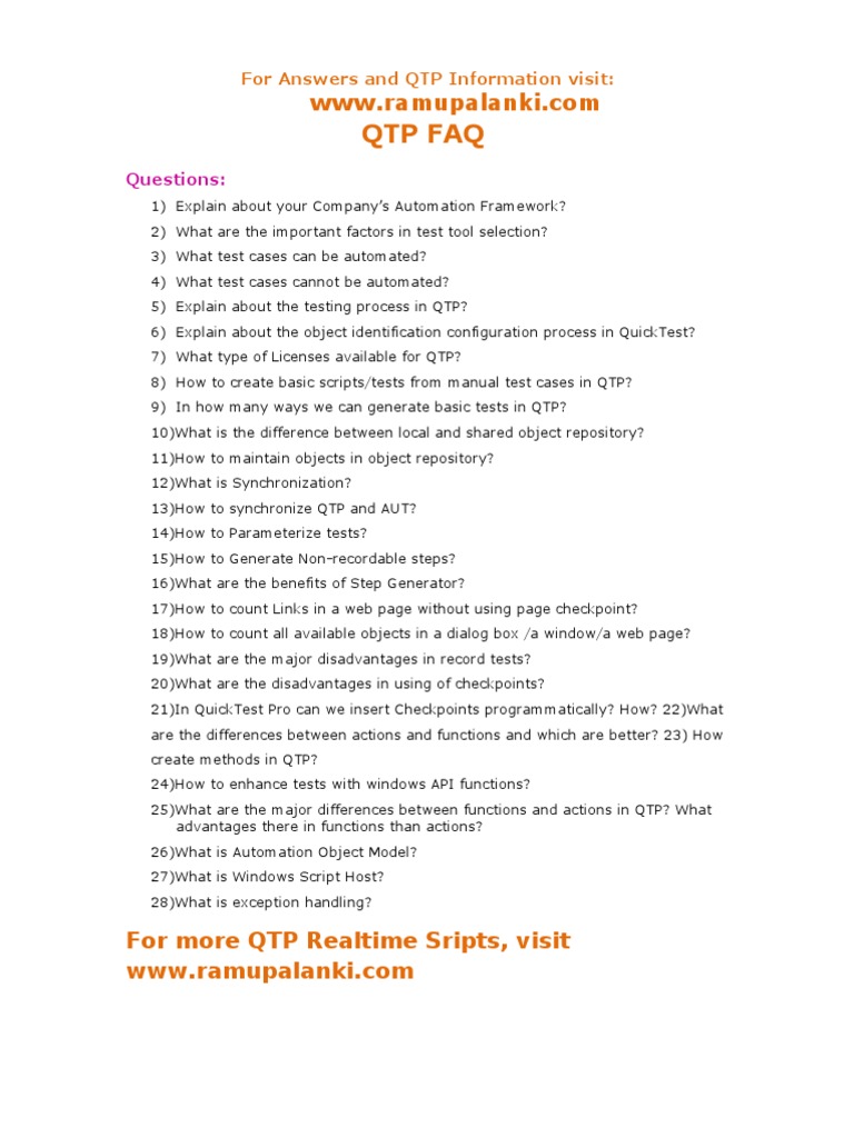 QTP Faq: Questions | Download Free PDF | Object (Computer Science) | Scripting Language