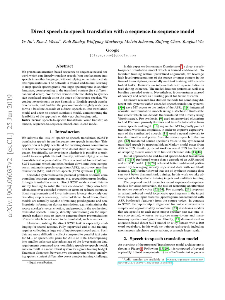 Direct Speech-To-Speech Translation With A Sequence-To-Sequence Model | Download Free PDF ...