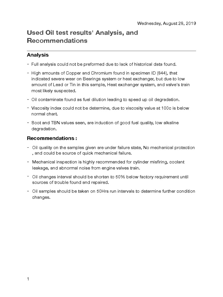 Used Oil Test Results' Analysis, and Recommendations | PDF