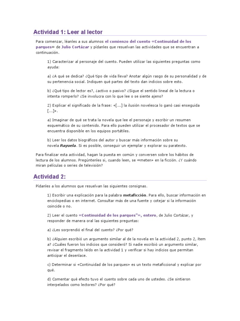 Actividades sobre "Continuidad de los parques" | PDF | Cuentos