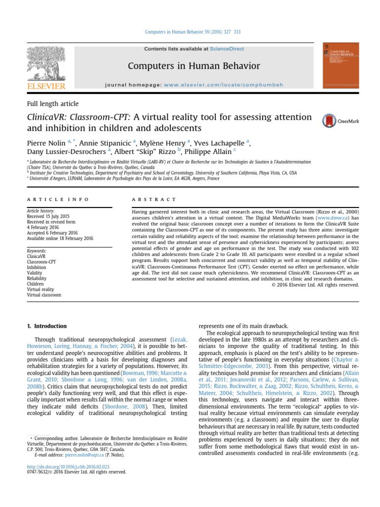 ClinicaVR: Classroom-CPT: A Virtual Reality Tool For Assessing ...