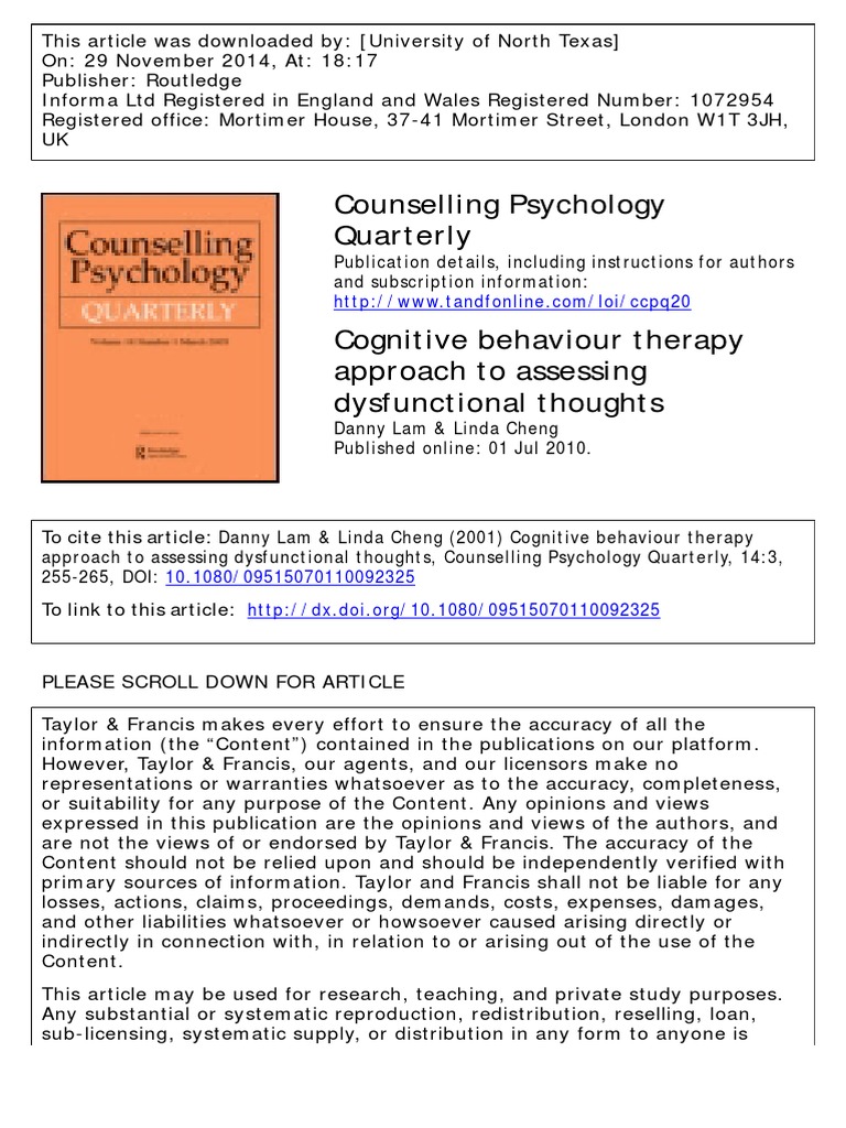 Cognitive Behaviour Therapy Approach To Assessing Dysfunctional ...