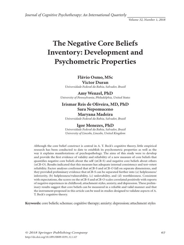 The Negative Core Beliefs Inventory | PDF | Psychology | Behavioural ...