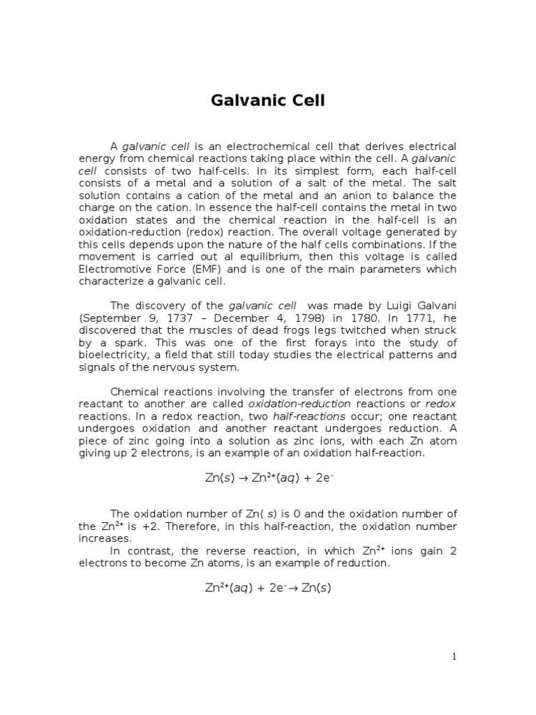Galvanic Cell: Cell Consists of Two Half-Cells. in Its Simplest Form ...