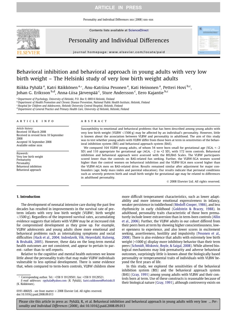 Personality and Individual Differences | PDF | Low Birth Weight ...