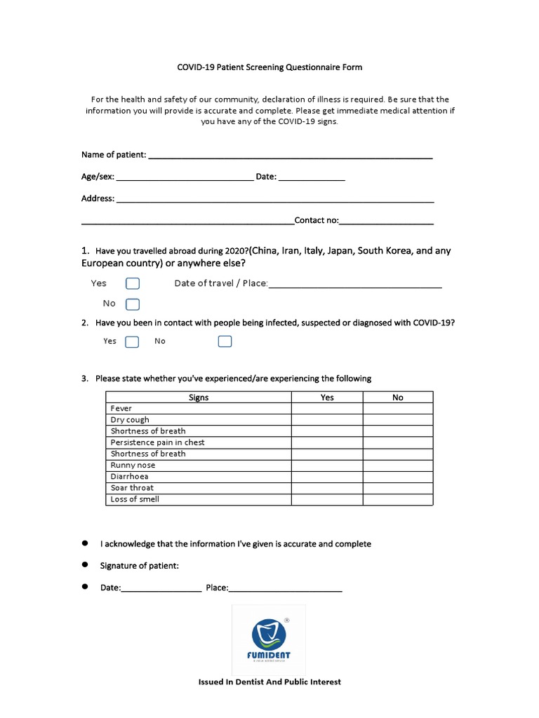 COVID-19 Patient Screening Questionnaire | PDF | Social Science
