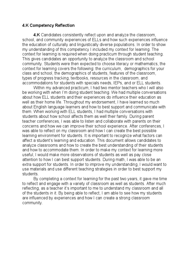 4k Competency Reflection-Final | PDF | Classroom | Learning
