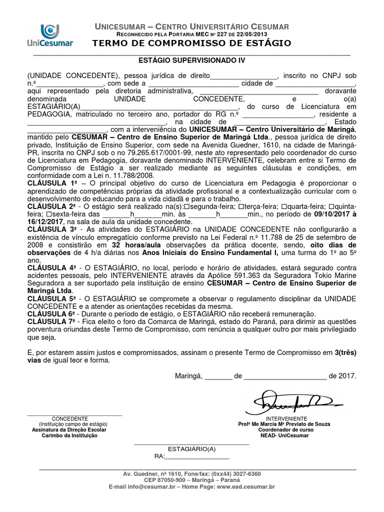 Termo de Compromisso de Estagio - Estagio 4 - 2017 PDF | PDF | Ensino Superior | Pedagogia