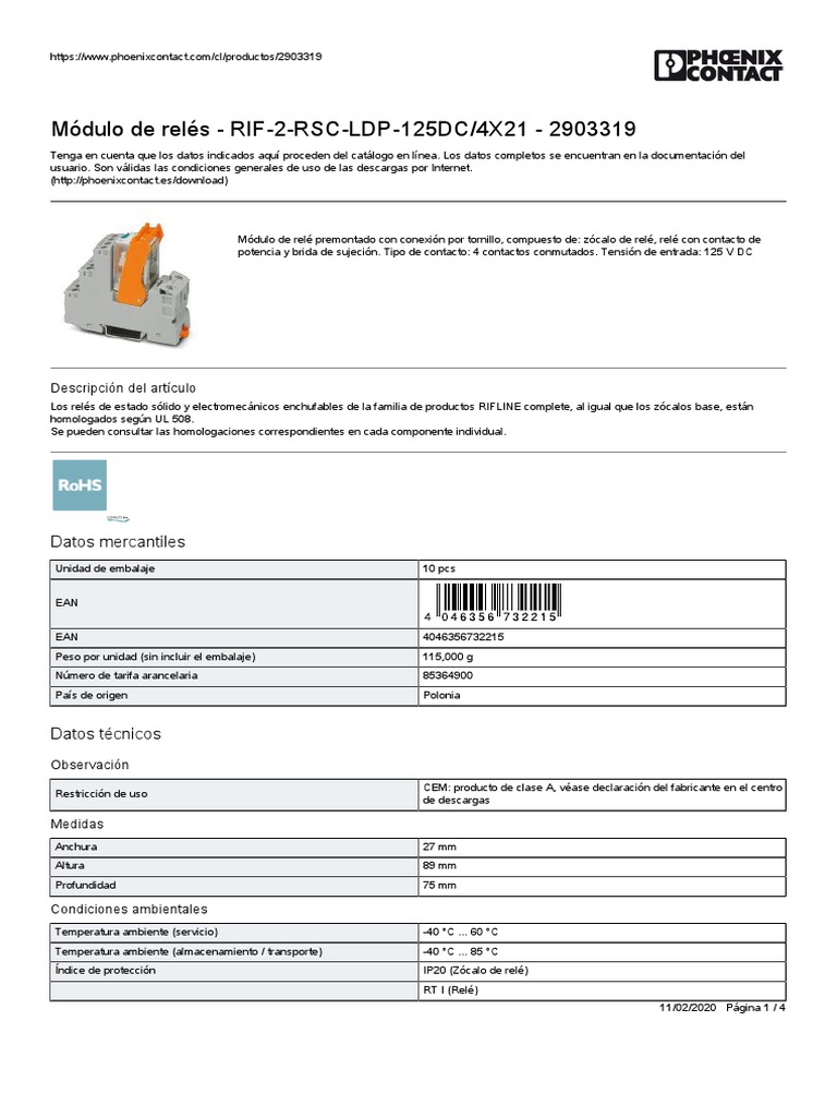 Phoenix Conctact - RIF-2-RSC-LDP-125DC-4x21 - 2903319 (Relé Aux. 4 CO) PDF | PDF | Relé | Equipo