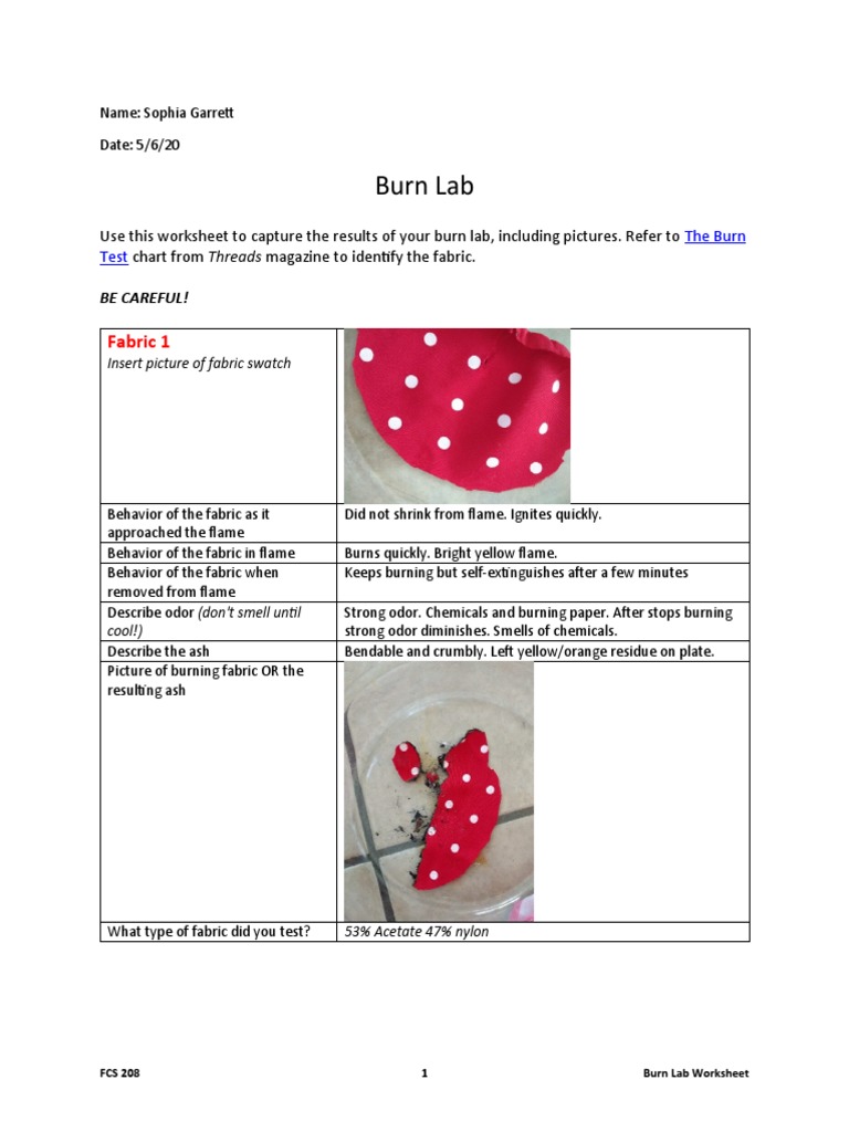 fcs208 Document Burn-Lab-Worksheet | PDF | Textiles | Materials