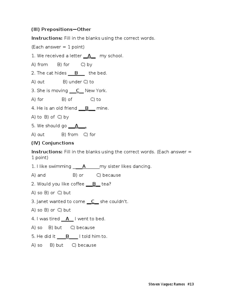 Prepositions & Conjunctions Quiz | PDF | Language Arts & Discipline