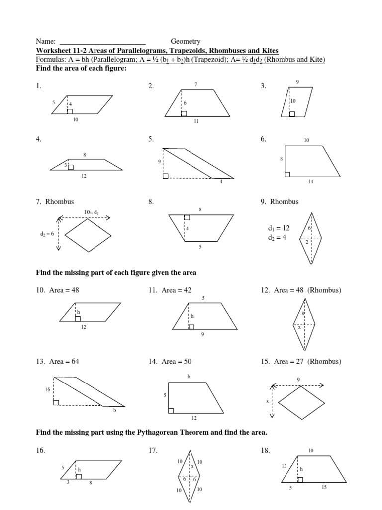 Worksheet 11-2 Areas of Parallelograms, Trapezoids, Rhombuses and Kites ...