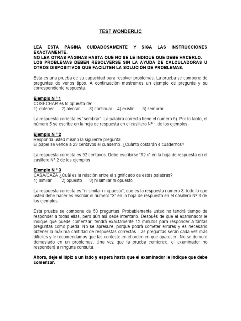Guía del Test Wonderlic: Instrucciones y Ejemplos | PDF