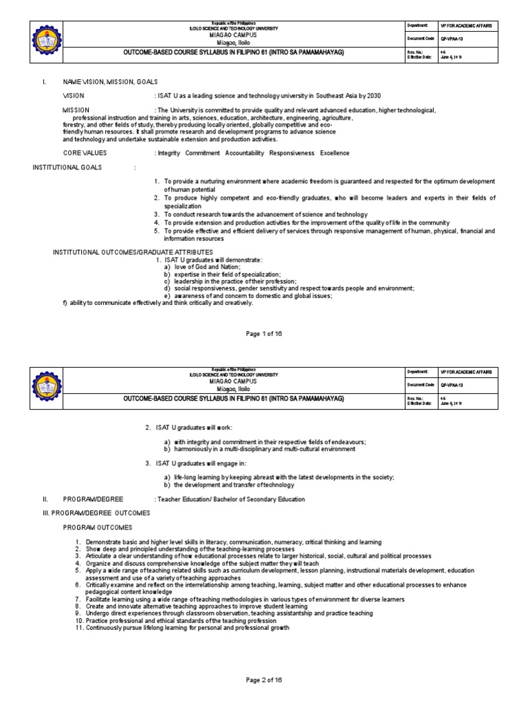 Miagao Campus Miagao, Iloilo Outcome-Based Course Syllabus in Filipino ...