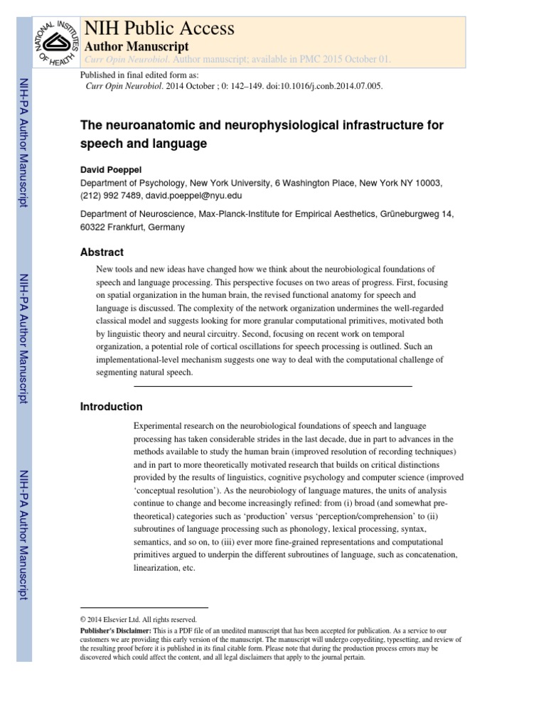 2014 The Neuroanatomic and Neurophysiological Infrastructure For Speech and Language | PDF ...