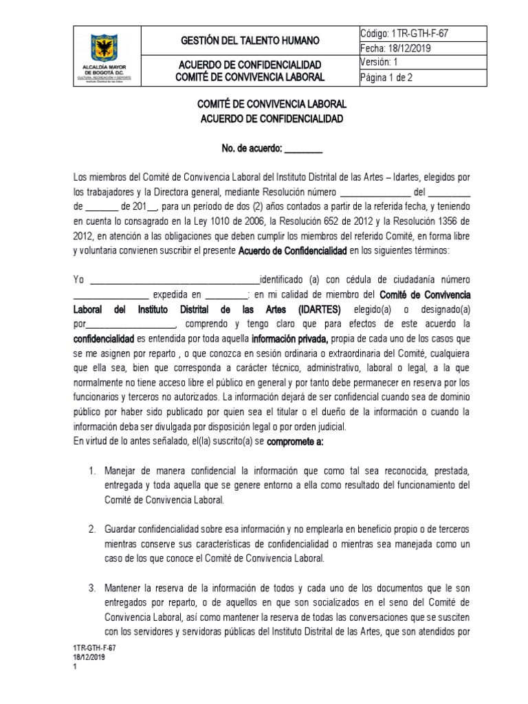 Formato Acuerdo de Confidencialidad Comité de Convivencia Laboral | PDF | Gobierno | Justicia