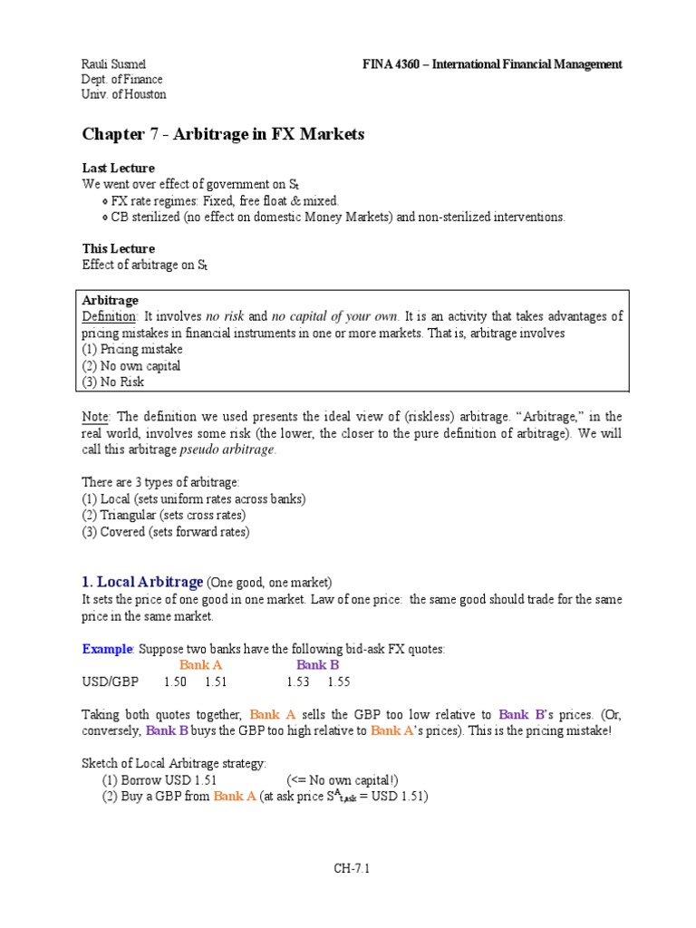Chapter 7 - Arbitrage in FX Markets: Last Lecture | PDF | Arbitrage | Interest