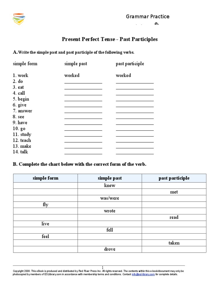 Present Perfect Tense - Past Participles: Write The Simple Past and ...