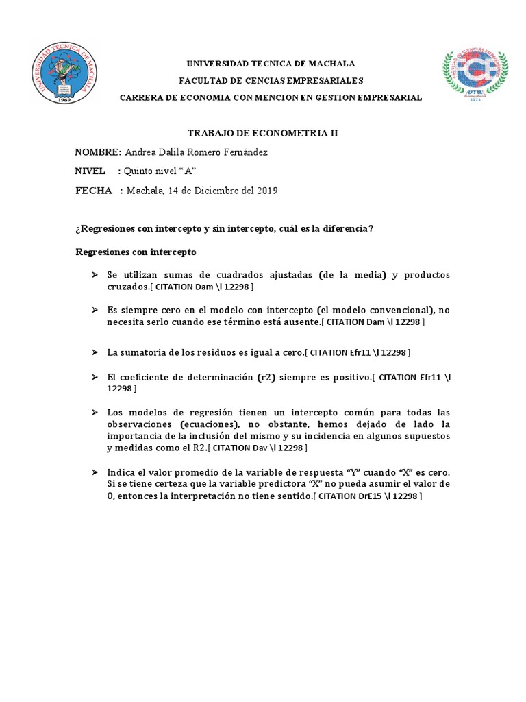 Regresiones Con Intercepto y Sin Intercepto | PDF | Econometría ...