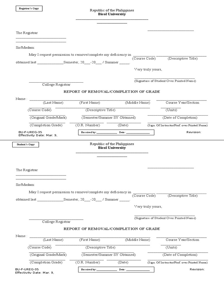 Report of Removal/Completion of Grade: Bicol University | PDF
