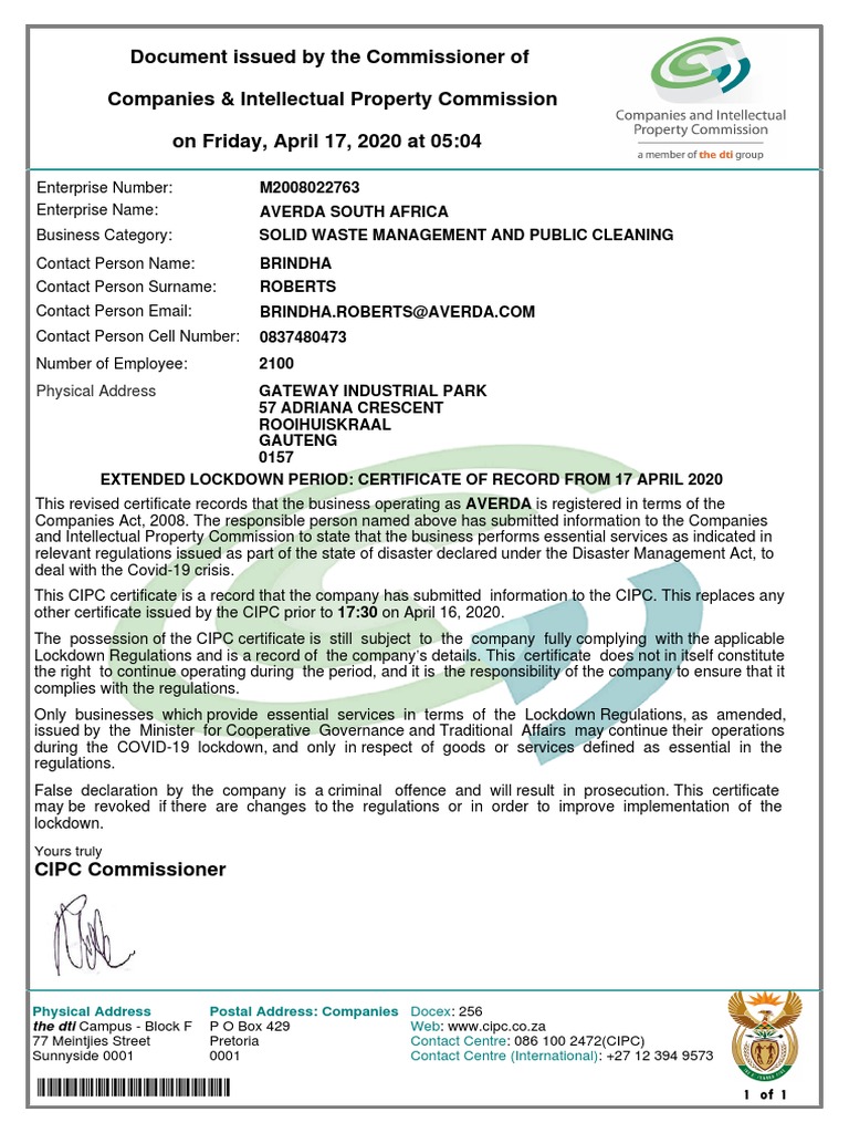 EXTENDED CIPC Essential Services Registration Certificate | PDF ...