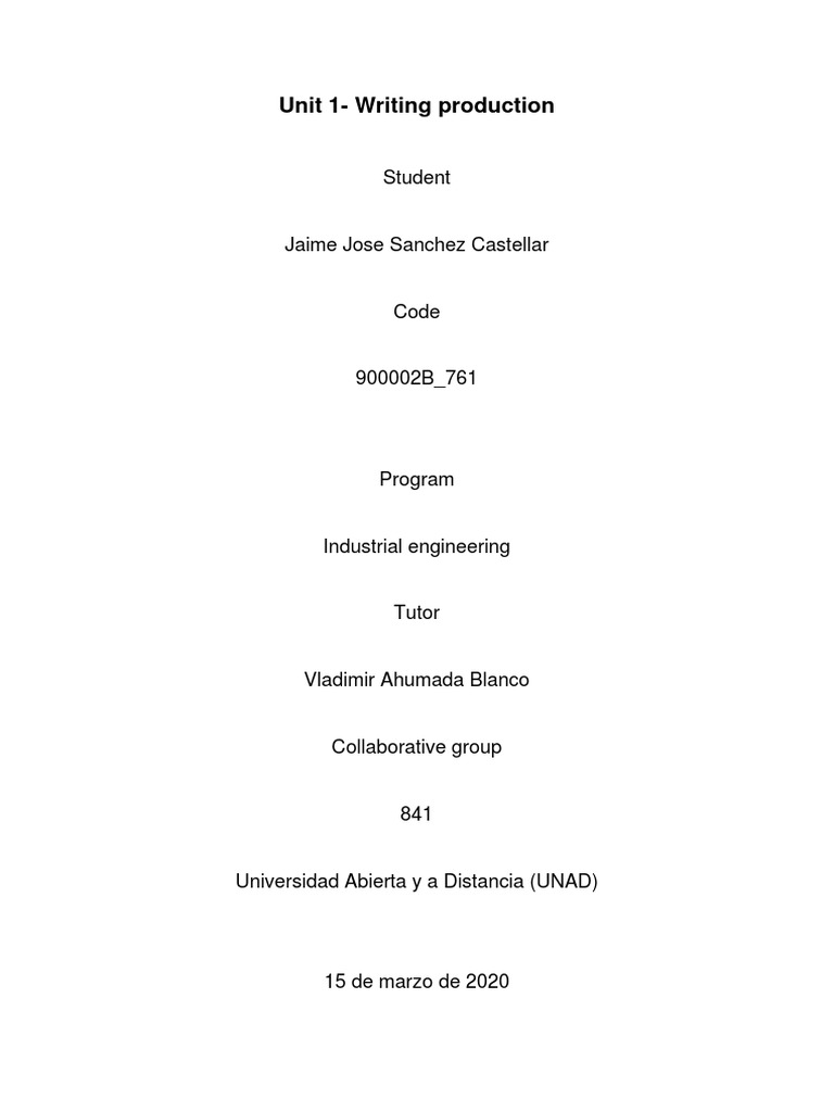 Unit 1-Writing Production: Student | PDF