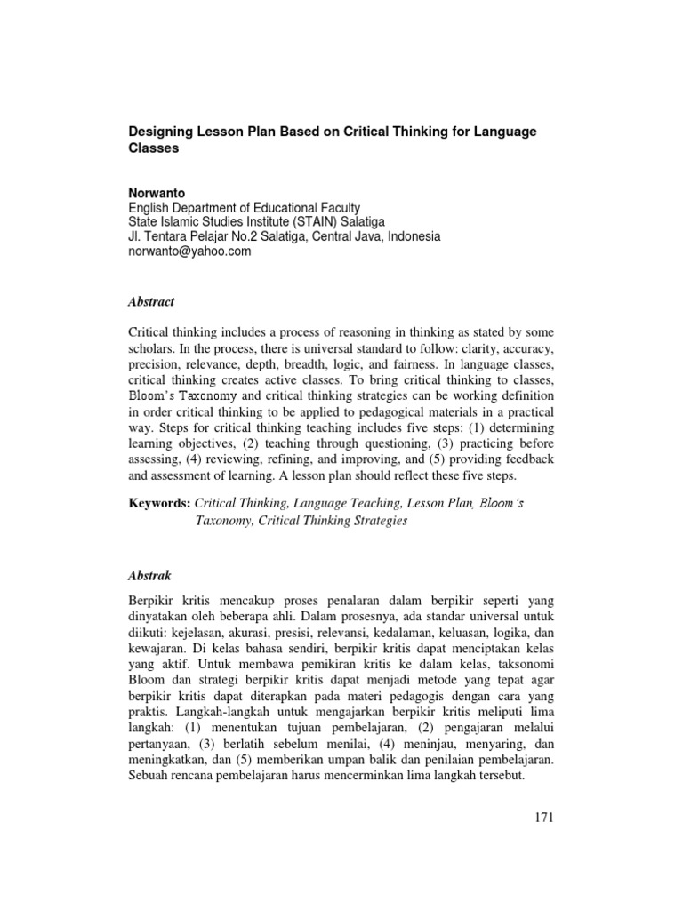 Designing Lesson Plan Based On Critical Thinking For Language Classes ...