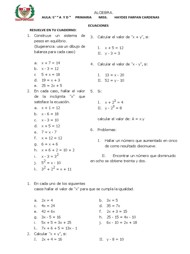 Ficha de Aplicacion Algebra 5to | PDF | Multiplicación | Teoría de los ...