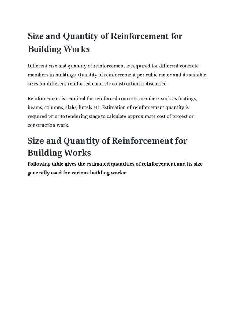 Reinforcement Steel Size and Quantity Guide | PDF | Building Materials ...