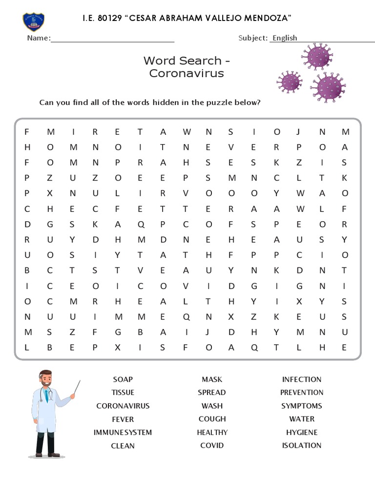 Word Search - Coronavirus: Name: Subject: English Date: Sheet ...